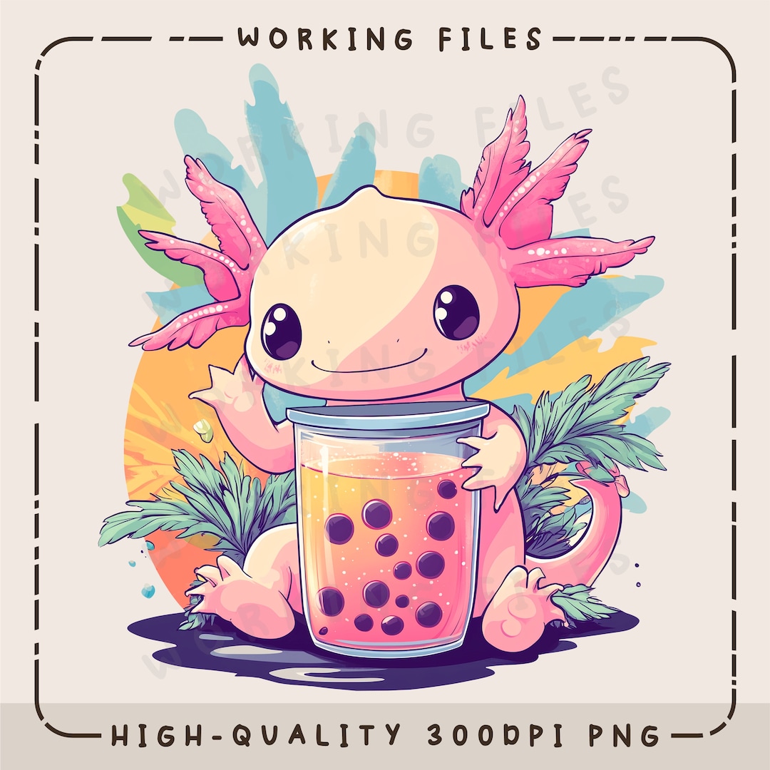 Cute Axolotl Drinking Boba PNG, Sublimation Design, Axolotl Boba Png ...