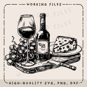 Wine and Cheese SVG, Vector Design, Laser Engraver, Clip Art PNG, Cnc, Cutting Boards, Digital ...