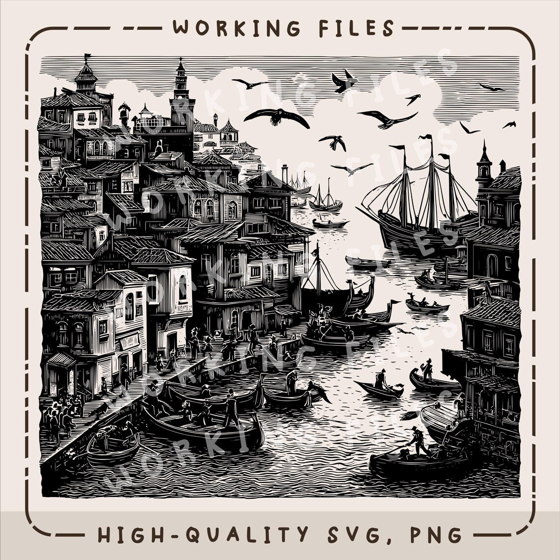 Harbor Scene SVG, Coastal Town Clipart PNG, Laser Engraving Files ...
