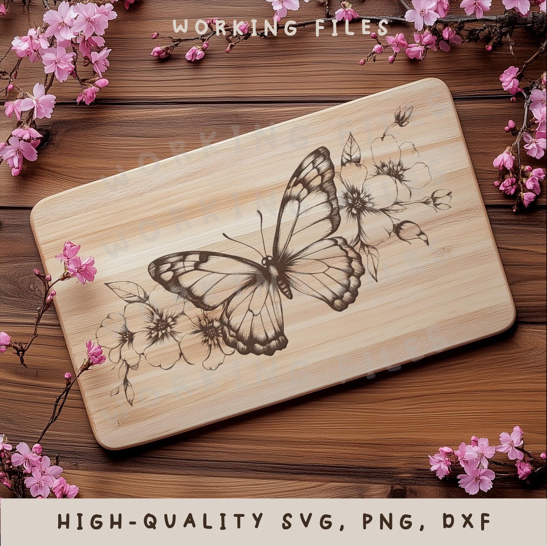 Cutting Board SVG, Butterfly and Flowers PNG, Charcuterie Board, Laser ...