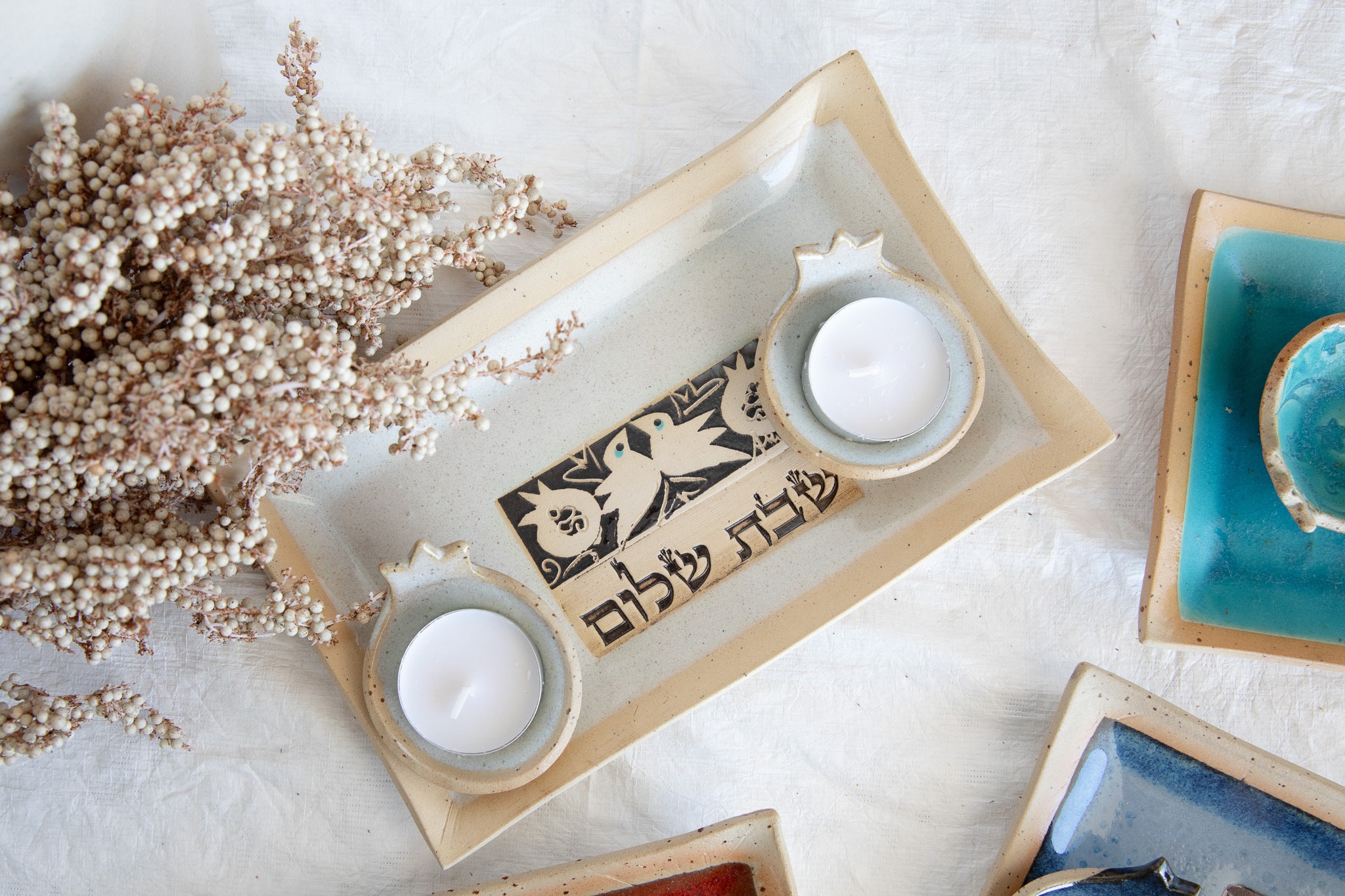 Ceramic Shabbat Pomegranates Candlestick With Tray Shabbat - Etsy