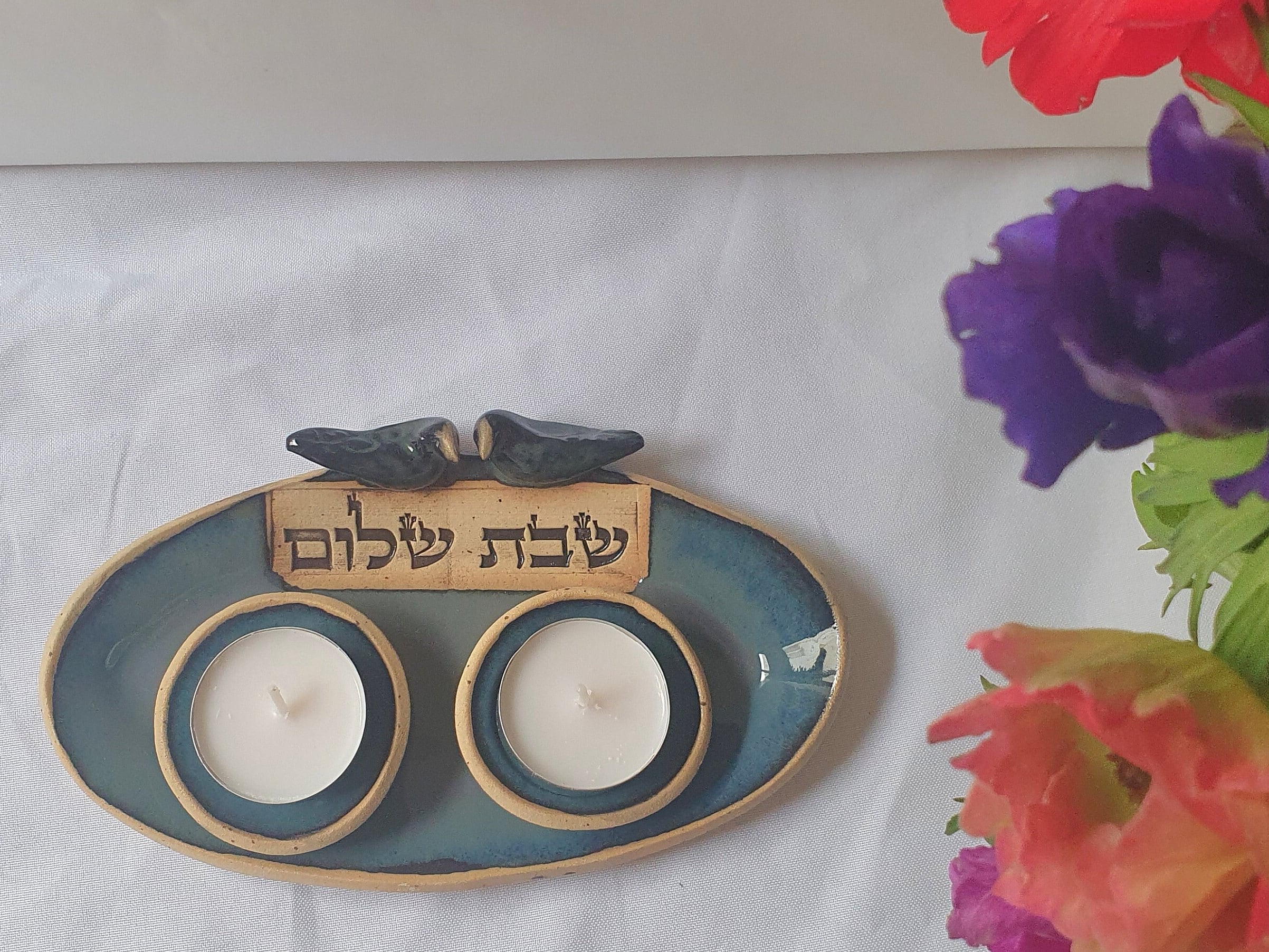 Oval Shabbat Candlestick With 2 Birds | Shabbat Shalom Candlestick ...