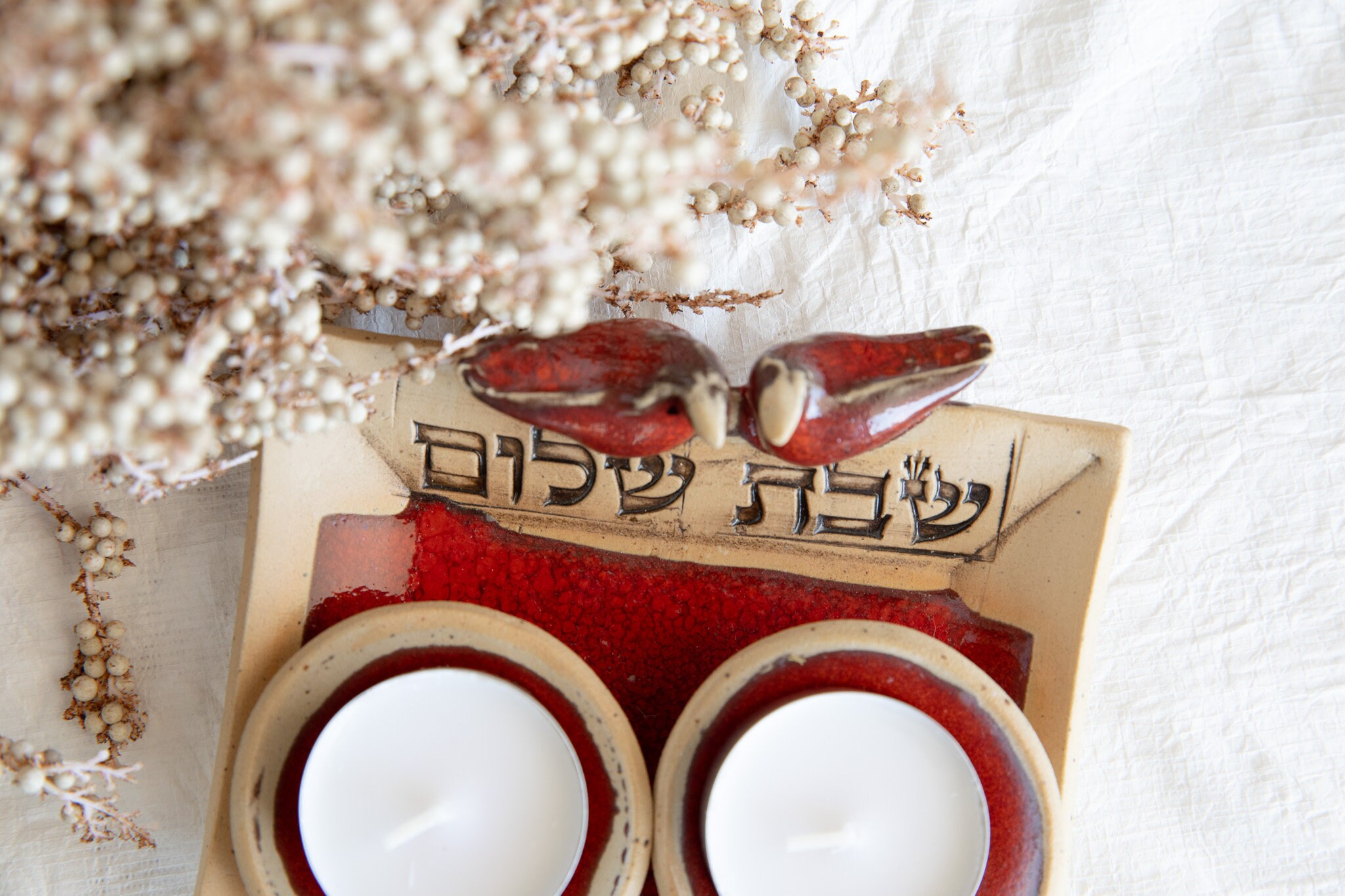 Shabbat Candlestick With 2 Birds Shabbat Shalom Candlestick Ceramic ...