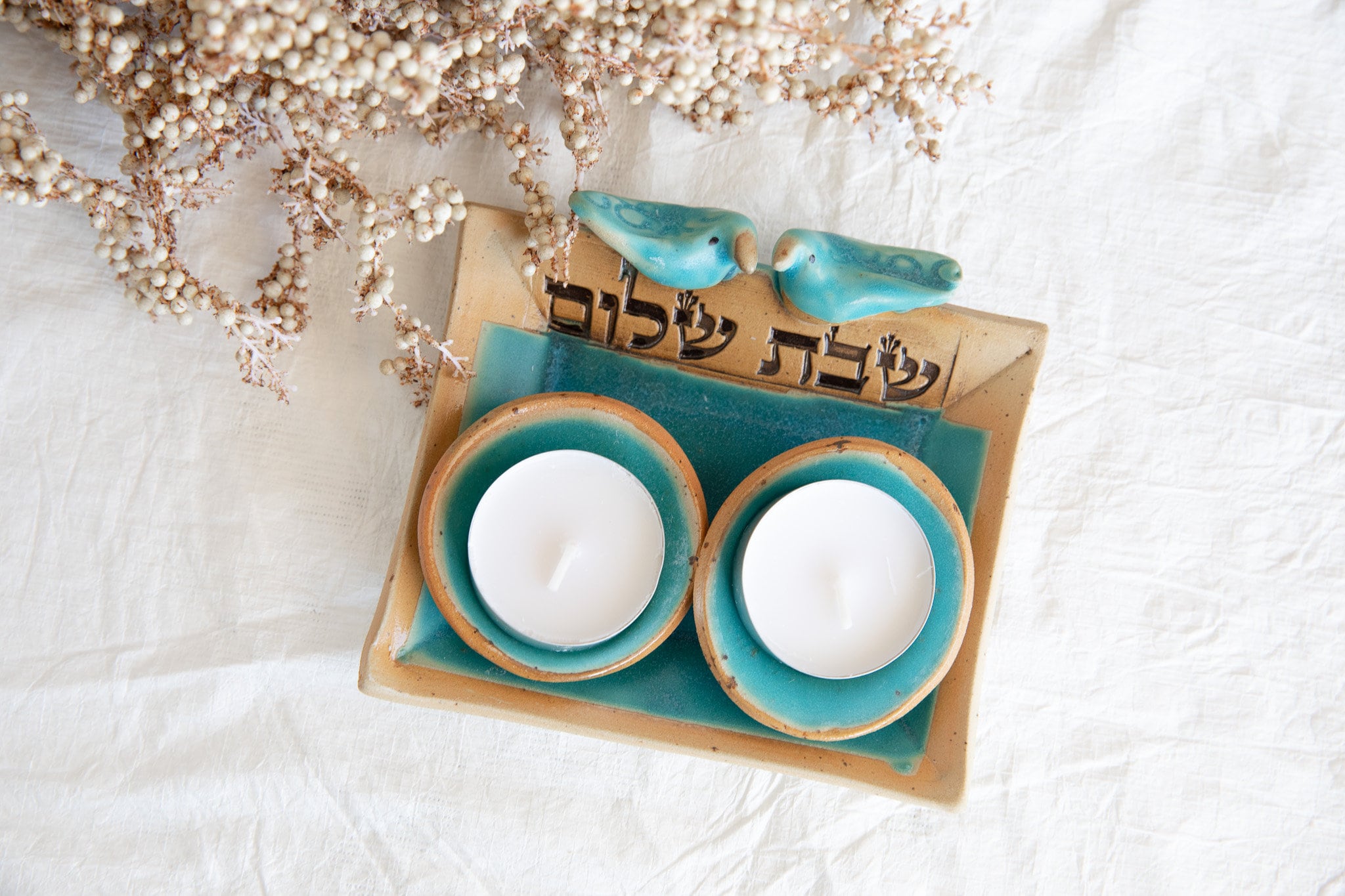 Shabbat Candlestick With 2 Birds Shabbat Shalom Candlestick Ceramic ...