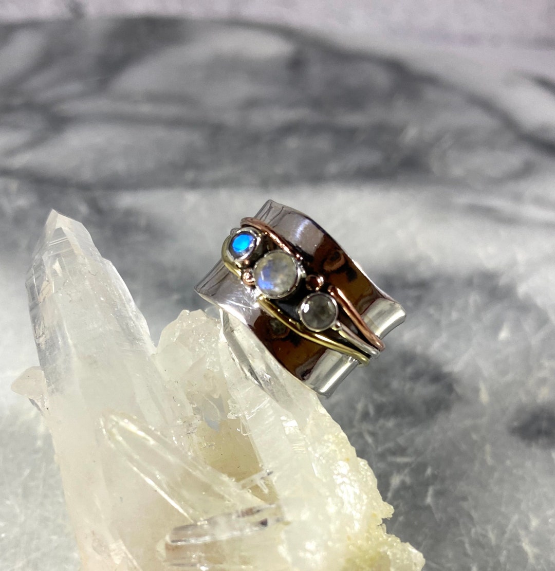 Rainbow Moonstone Three Tone Ring, 925 Sterling Silver, Gemstone ...