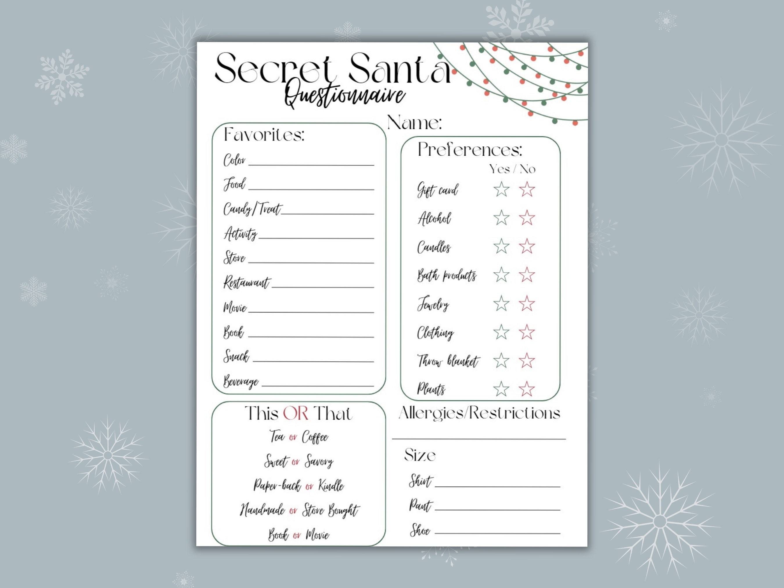 Printable Secret Santa Questionnaire Bundle, Christmas Office Party ...