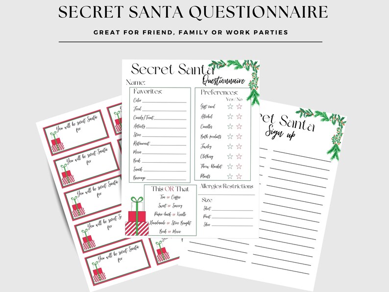 Printable Secret Santa Questionnaire Bundle Christmas Office - Etsy