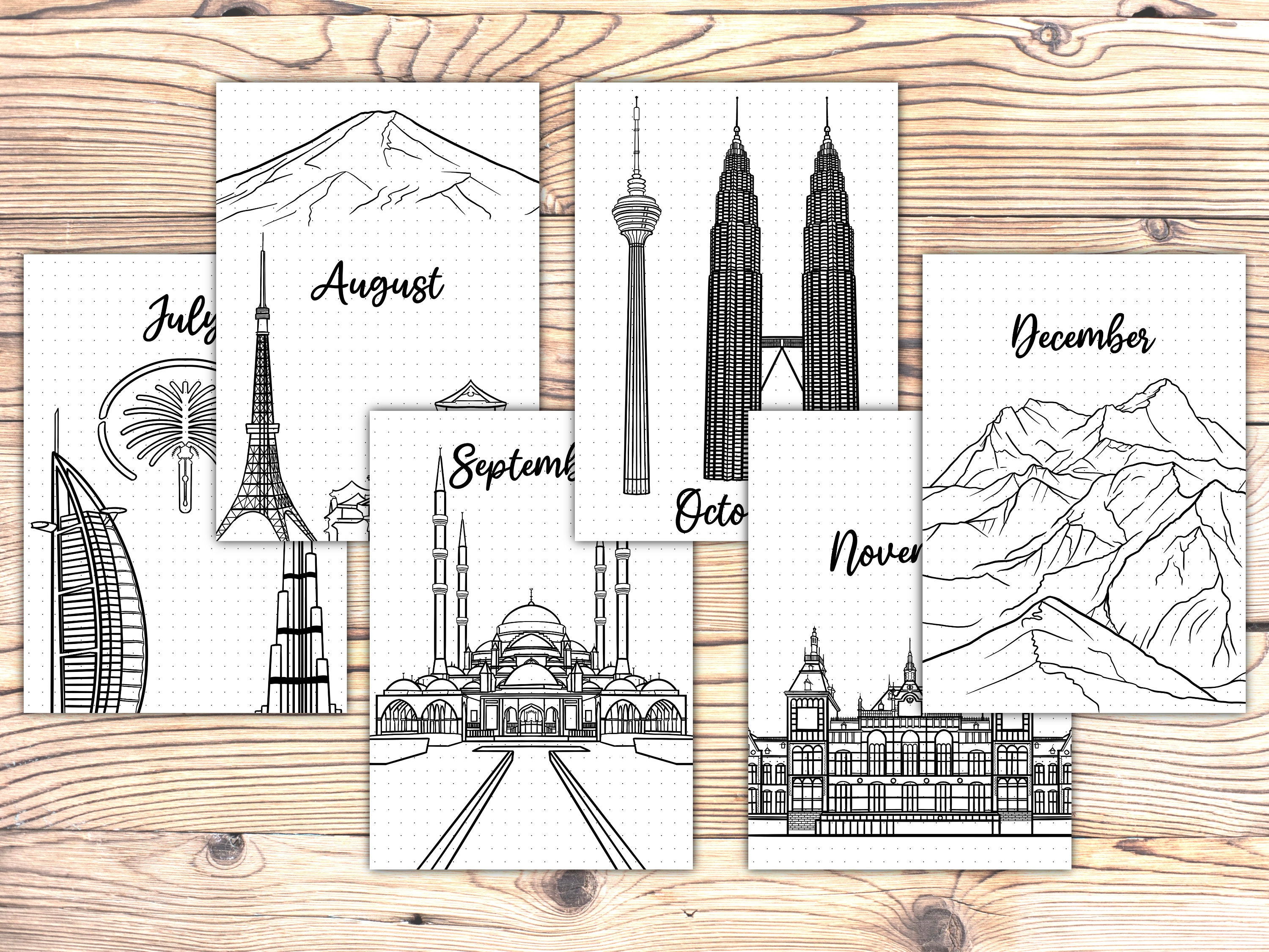 12 Monthly Cover Pages Famous Landmarks A5 Bullet Journal - Etsy