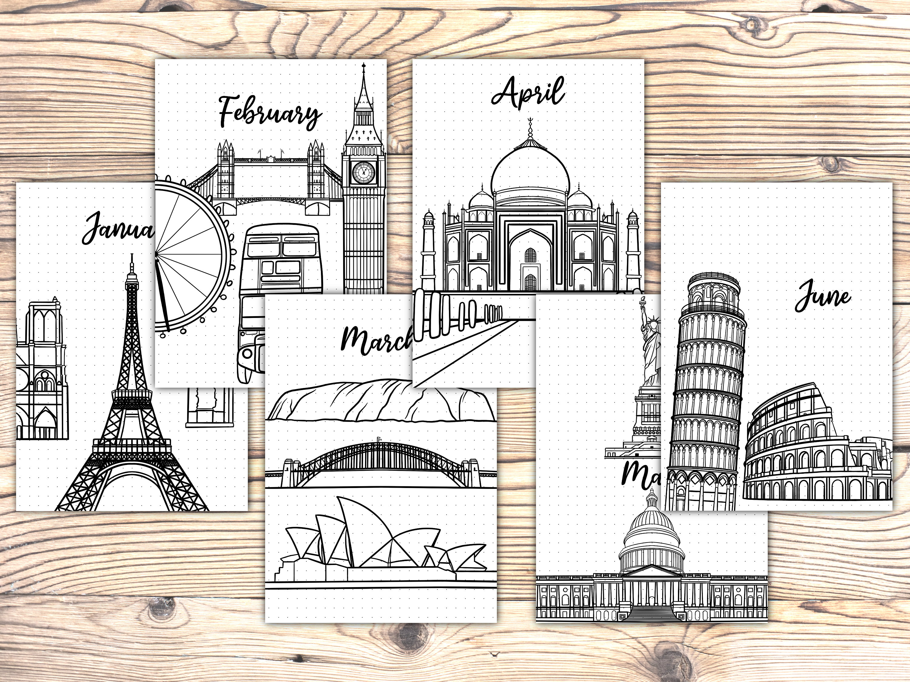 12 Monthly Cover Pages Famous Landmarks A5 Bullet Journal - Etsy
