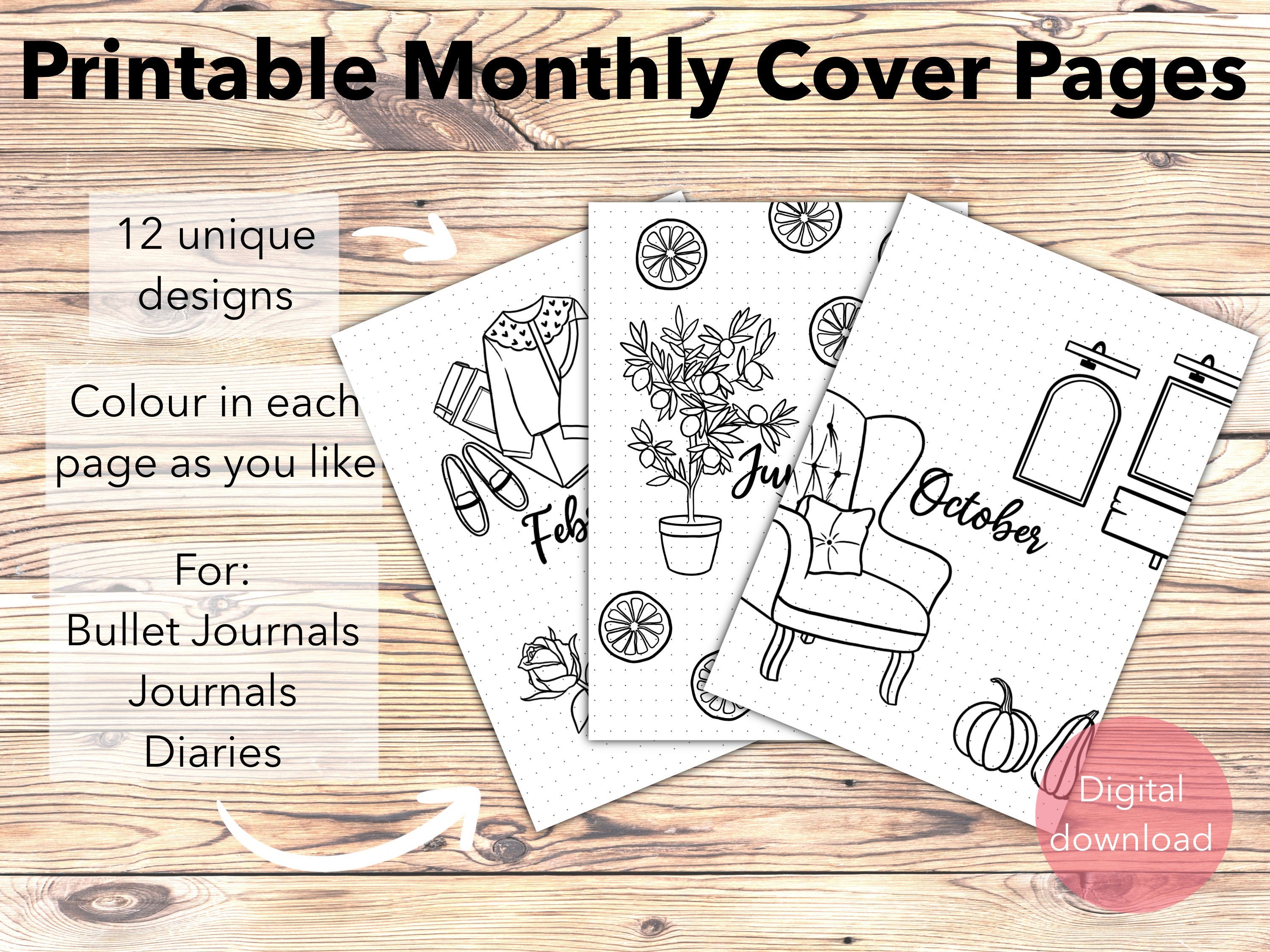 12 Monthly Cover Pages, A5, Journal Planner Bullet Journal Monthly ...