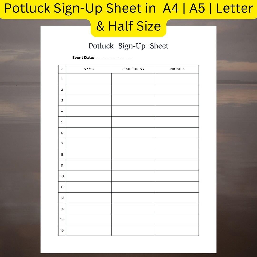 1 Potluck Sheet Digital Download,potluck Sheet Planner,potluck Sheet ...