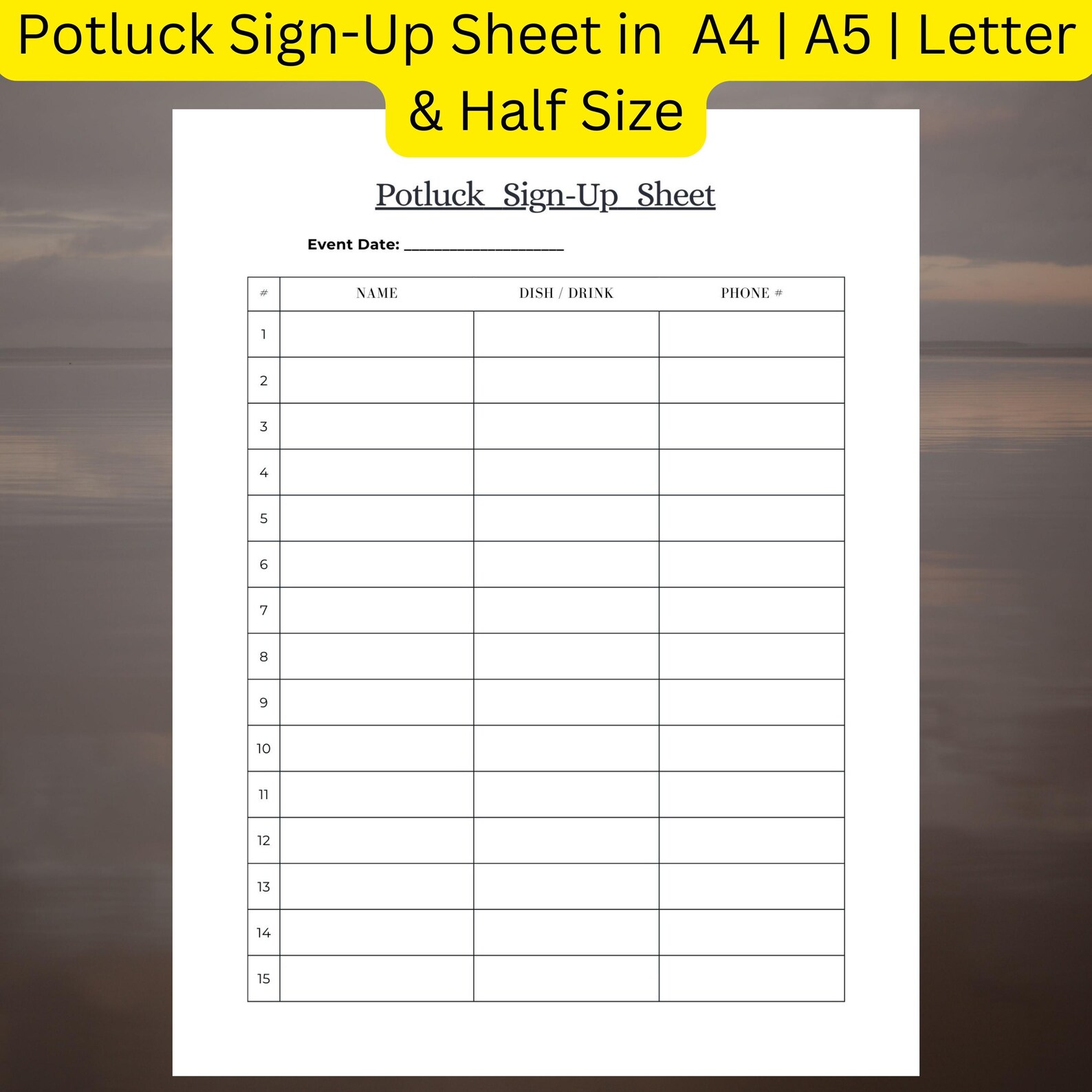 1 Potluck Sheet Digital Download,potluck Sheet Planner,potluck Sheet ...
