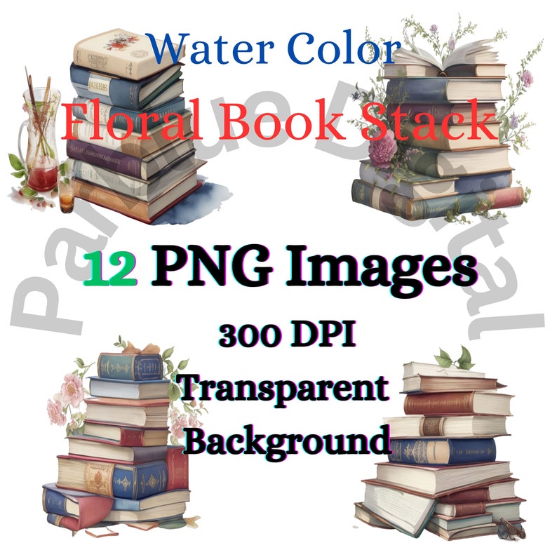 12 Floral Book Stack With Transparent Background Clip Art,high Quality ...