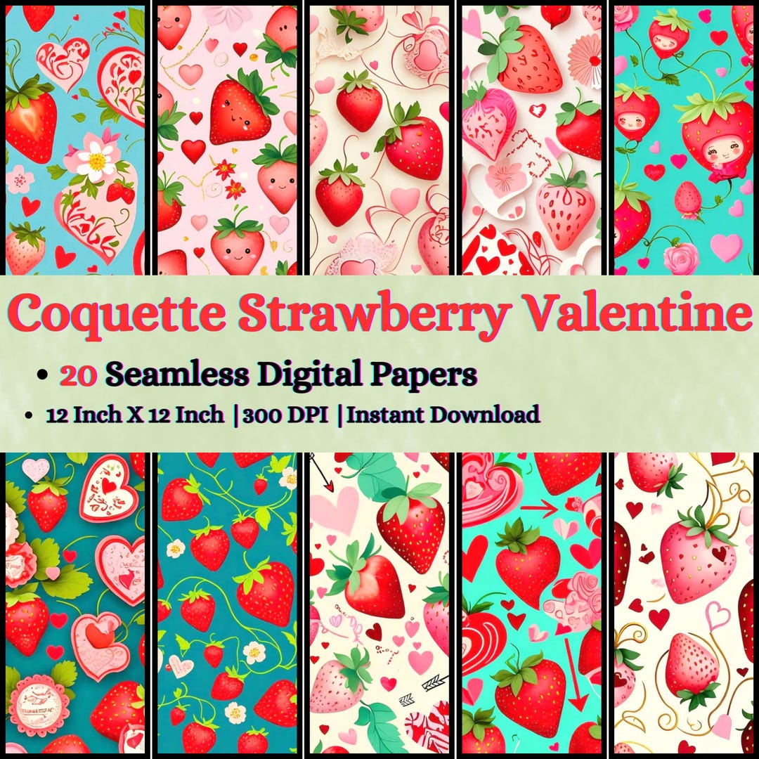 Coquette Strawberry Valentine Digital Paper,seamless Coquette ...
