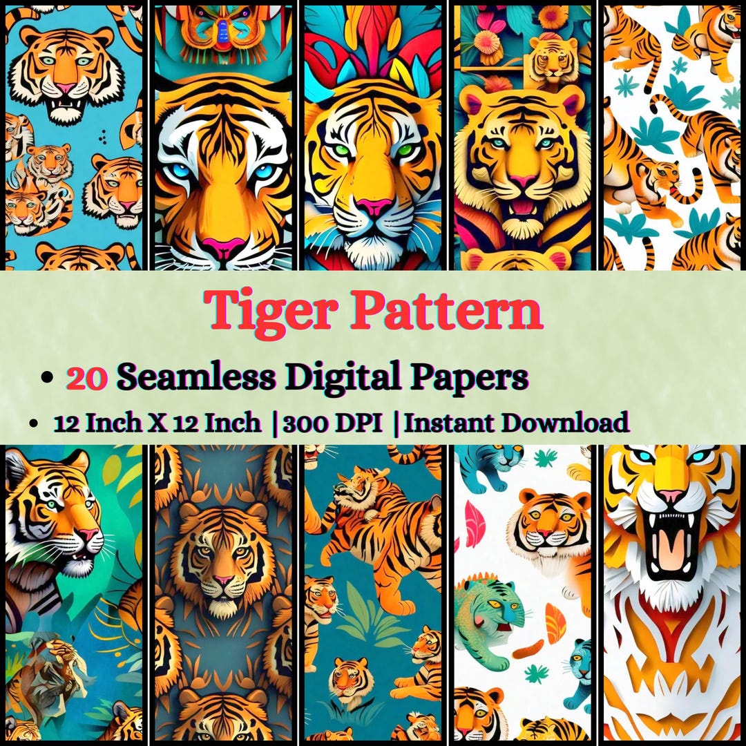 20 Tiger Pattern Digital Paper,seamless Digital Download,scrapbook Paper,seamless Pattern,tiger ...