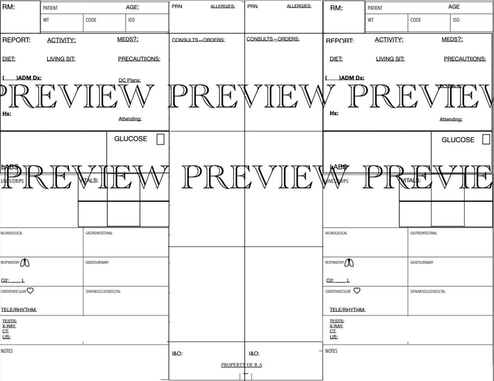 Nursing Report Sheet for Rn/lpn/student Nurse (two Patient per Sheet ...