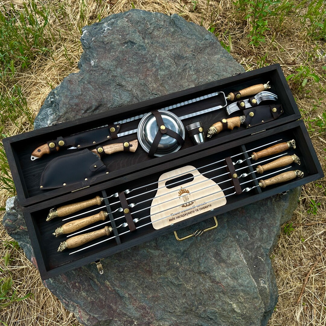 Forged BBQ Skewer Set With Animal Handles | Oak & Bronze, Wood Case - Etsy