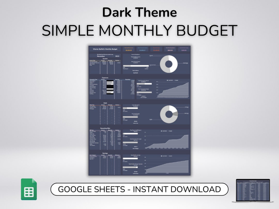 Dark Theme Simple Monthly Budget Spreadsheet for Google Sheets ...