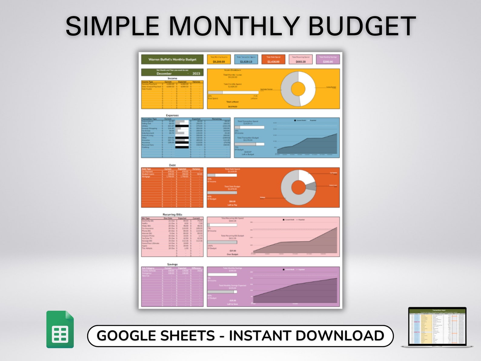 Simple Monthly Budget Spreadsheet for Google Sheets, Beginner Financial ...