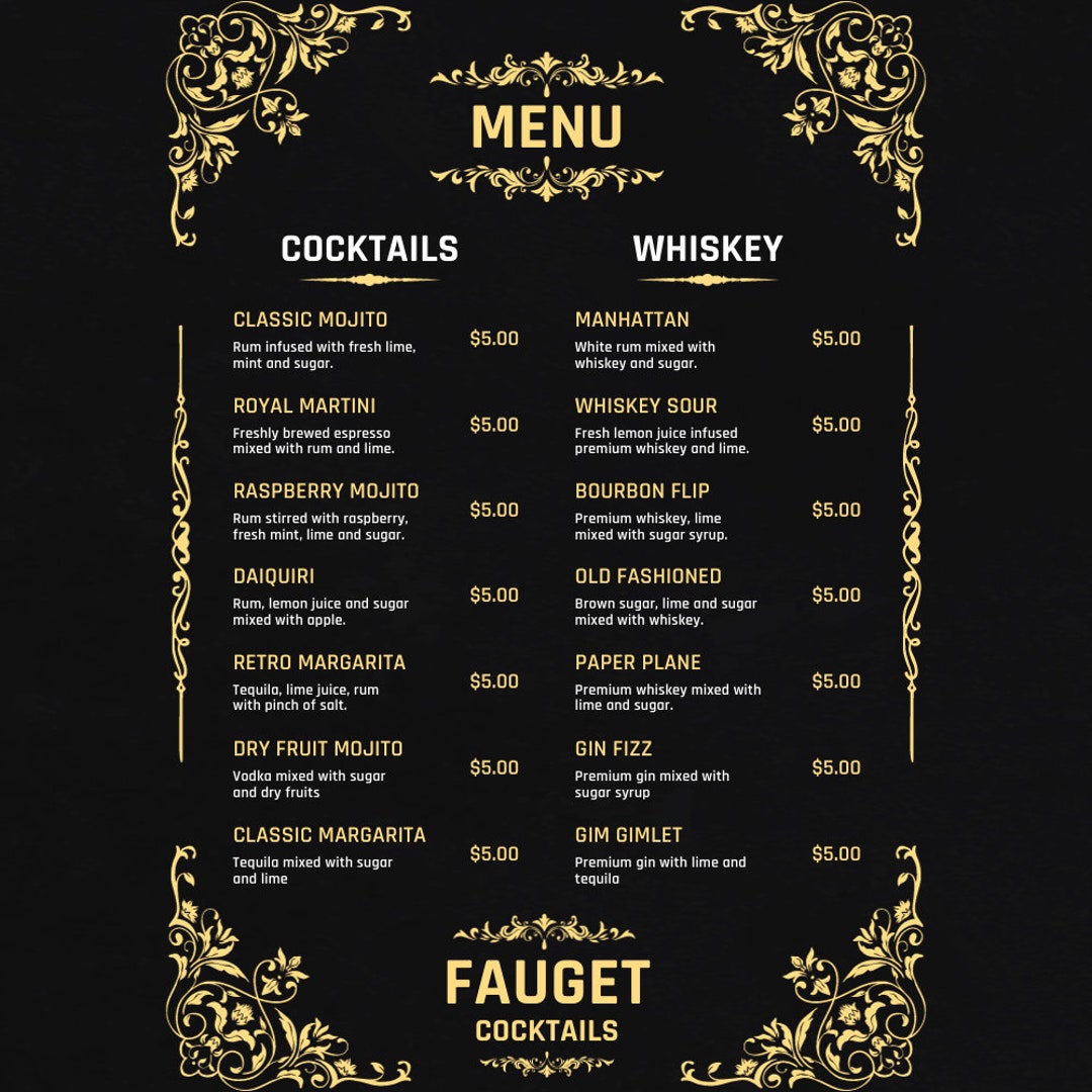 Fully Editable Cocktail Menu Template - MS Word | Indesign | Print ...
