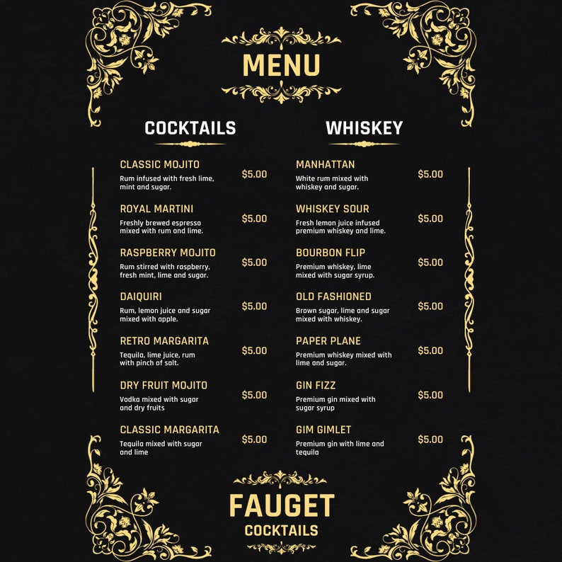 Fully Editable Cocktail Menu Template - MS Word | Indesign | Print ...
