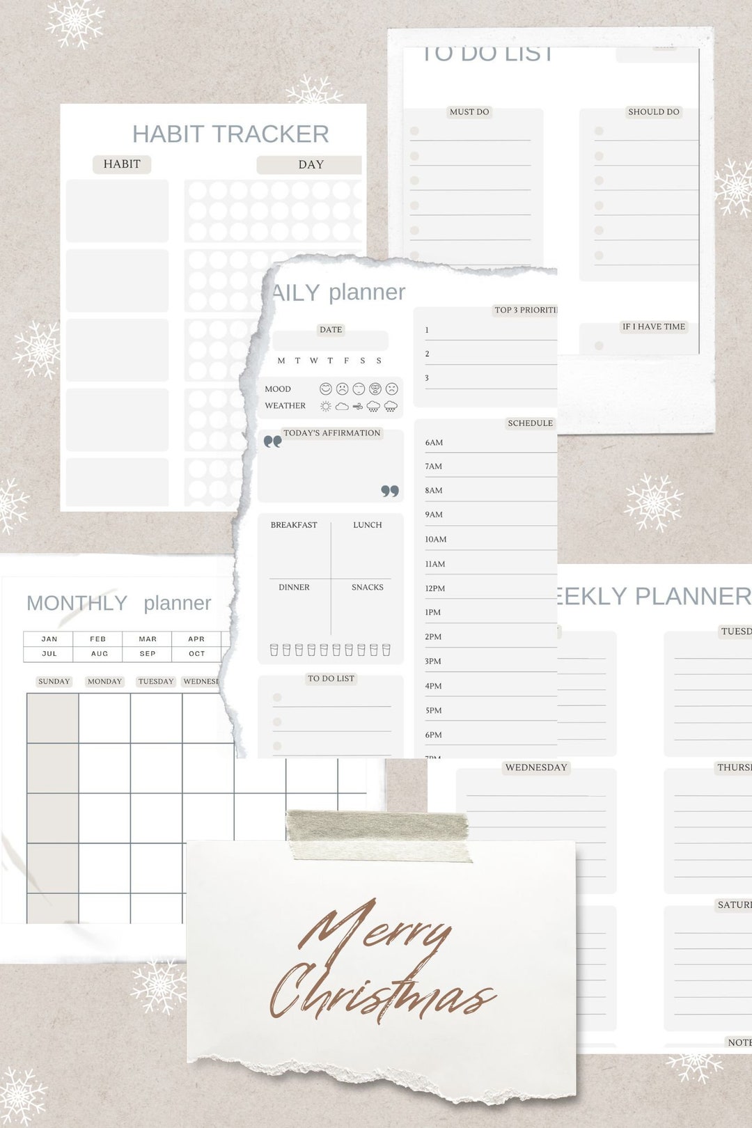 Set of 7 Planners White. Daily Planner, Weekly, Monthly Planner, Habit ...