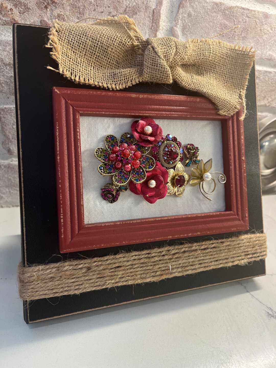 Upcycled Jewelry Flower Bouquet Maroon/red Colors framed Repurposed ...