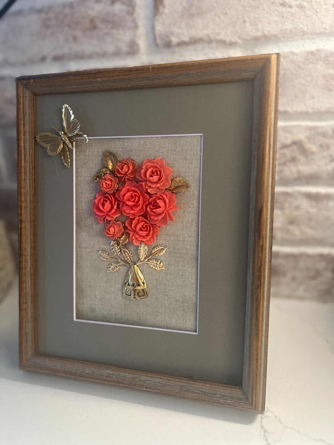 Jewelry Flower Bouquet With Butterfly. Coral and Gold Bouquet framed ...