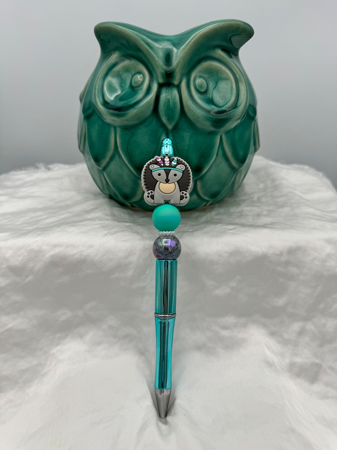 Cute Gray Hedgehog Beaded Pen, Black Ink Pen, Light Blue Metallic Pen ...