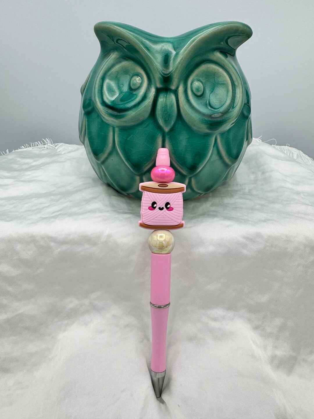 Pink Yarn Spool Beaded Pen, Black Ink Pen, Cute Pens, Seamstress Pen ...