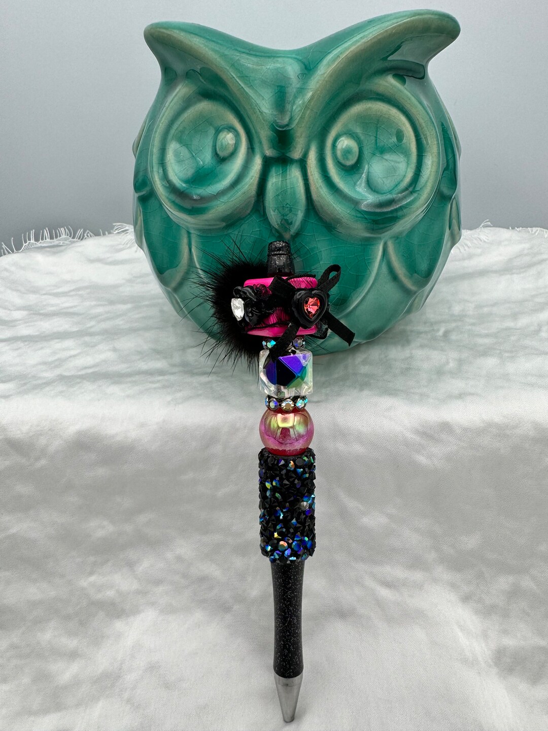 Hot Pink Cube With Black Pom Pom Fancy Rhinestone Beaded Pen, Glitter ...