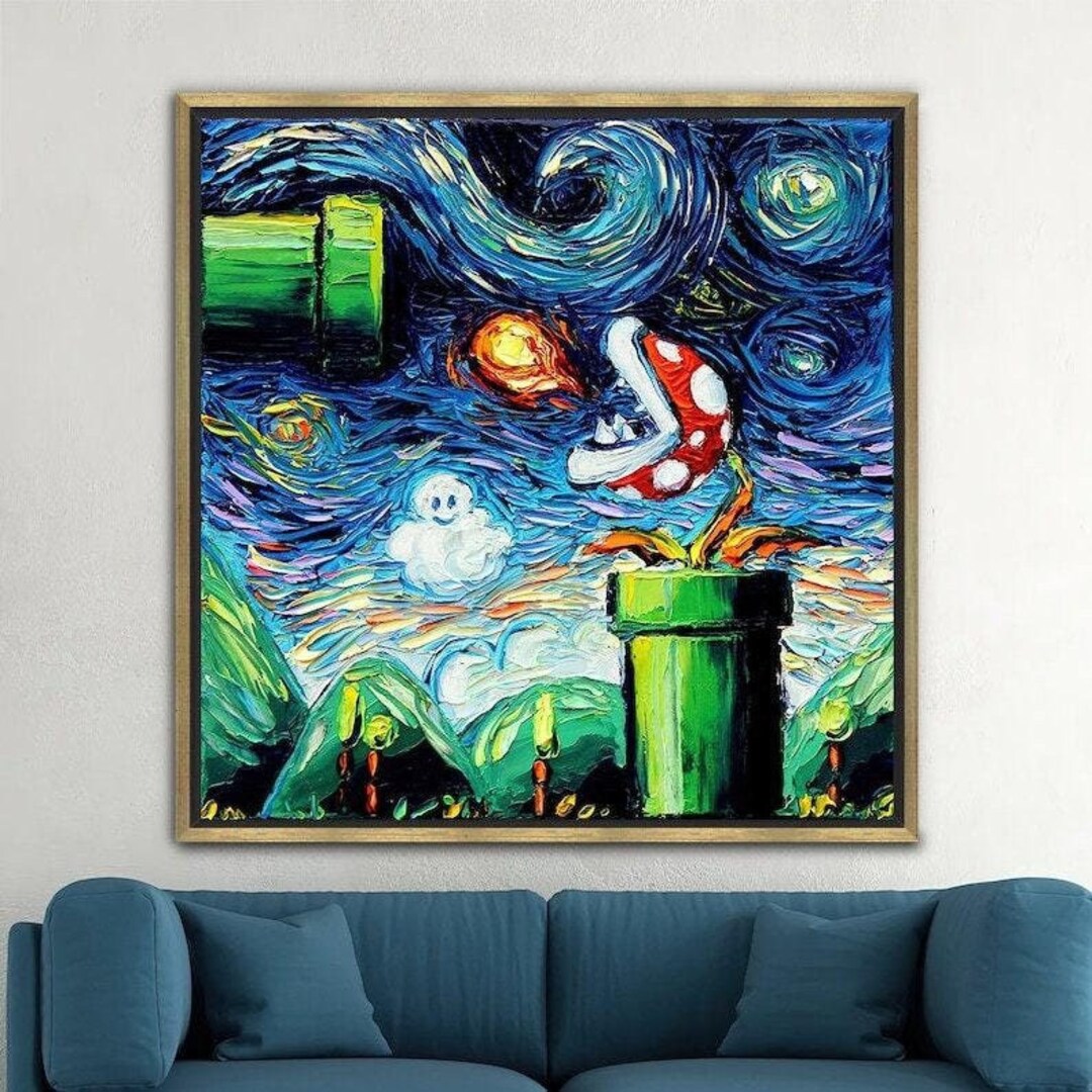 Mario Starry Night Poster, Mario Bros Glass Art, Mario World Home Decor ...