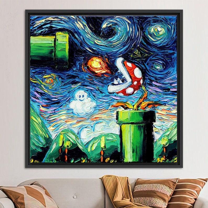 Mario Starry Night Poster, Mario Bros Glass Art, Mario World Home Decor ...