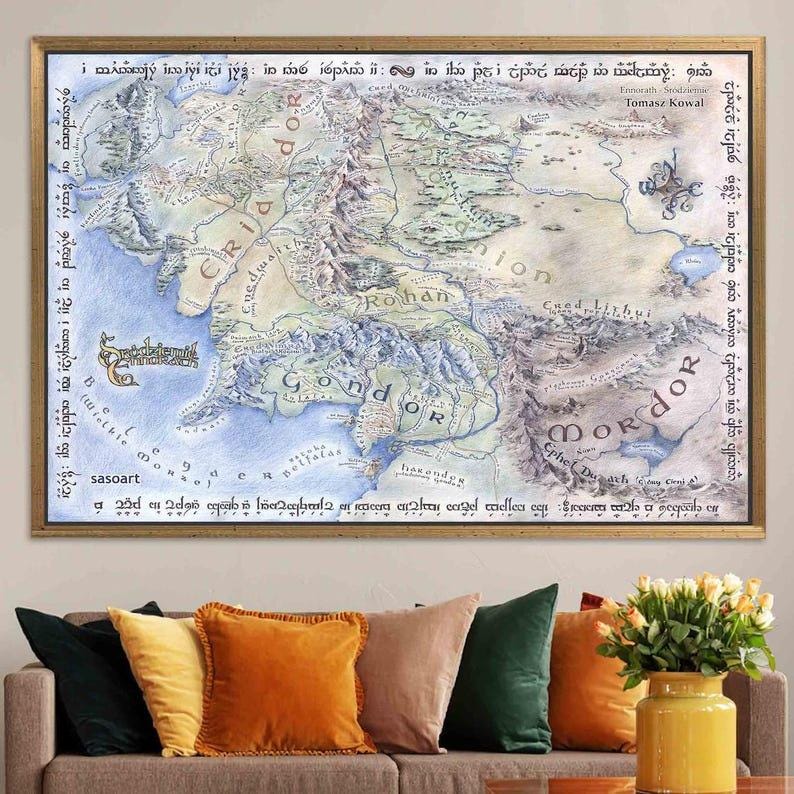 Old Map Wall Art, Map Print, Middle Earth Map Print, Canvas Wall Art ...