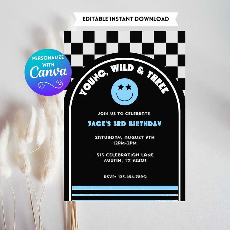 EDITABLE Young, Wild & Three Birthday Invitation, Retro Birthday Invite ...