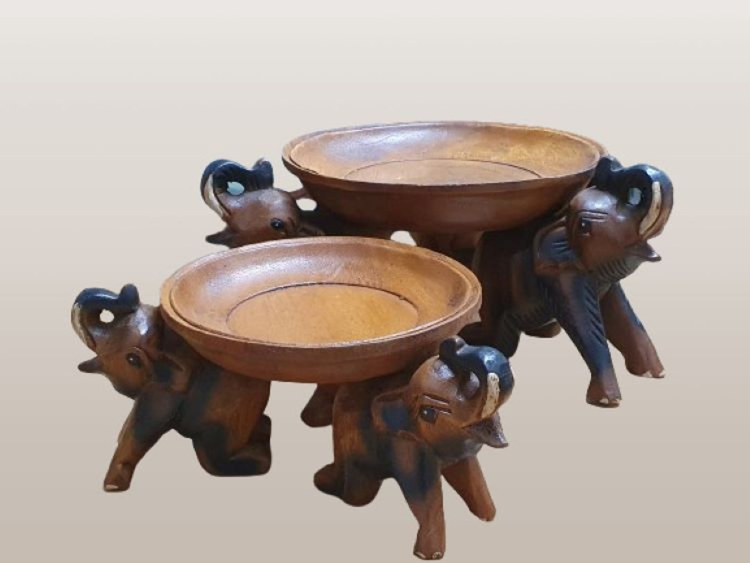 Handcrafted Wooden Elephant Tray, 3 Hand Carved Elephants Resting A ...