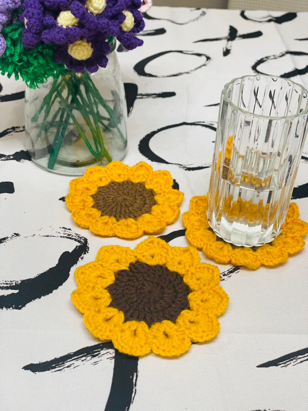Handmade Crochet Sunflower Coasters set of 3, Durable Heat Resistant ...