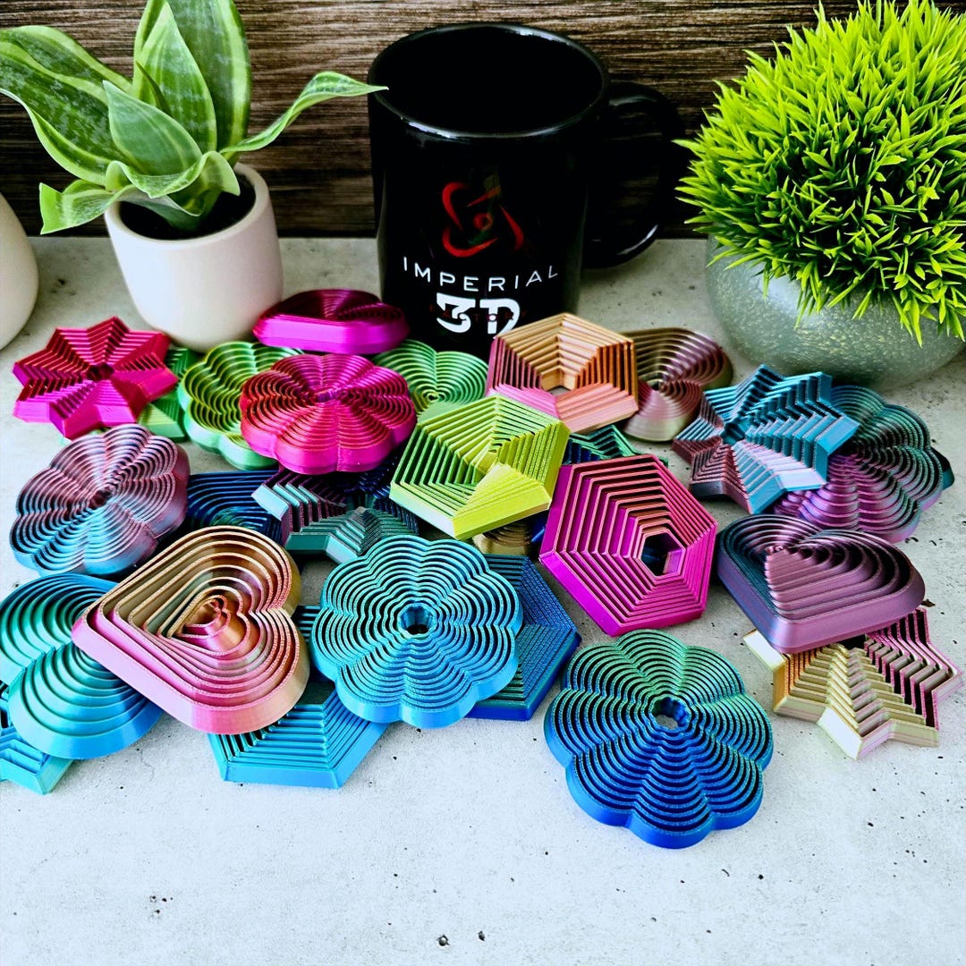 3D Printed Nested Fidget Toy: Flower, Star, Heart, Hexagon - 7 Color ...
