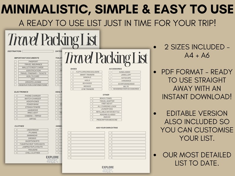 Editable Travel Packing List Packing List Printable Packing Checklist ...