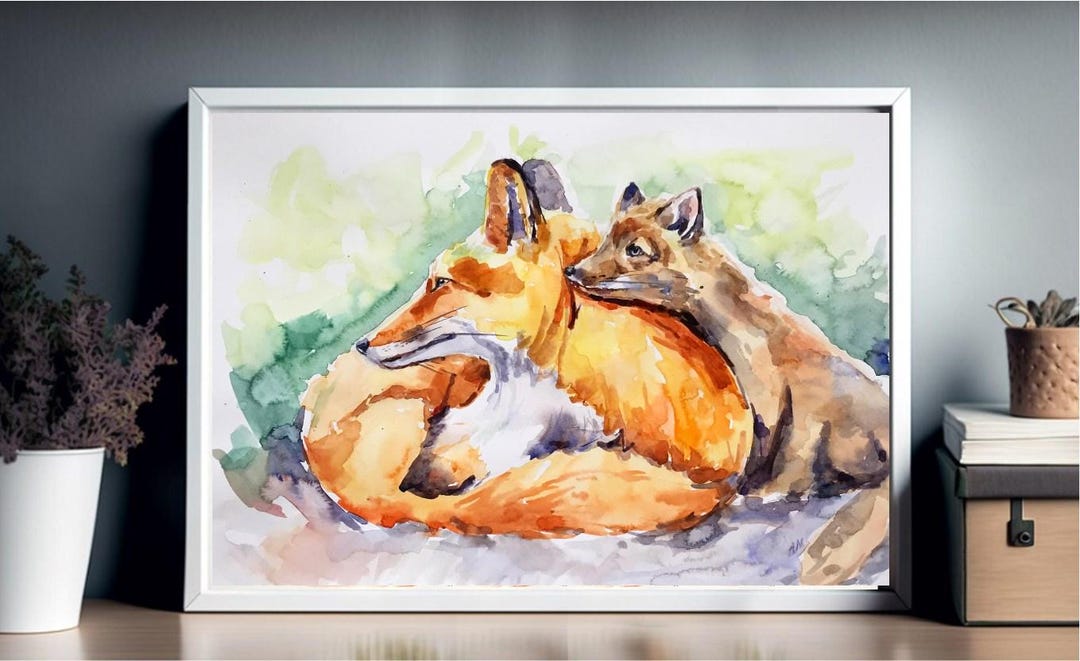 Poster With Foxes - Mom and Baby Fox - Cute Watercolor Fox Painting ...