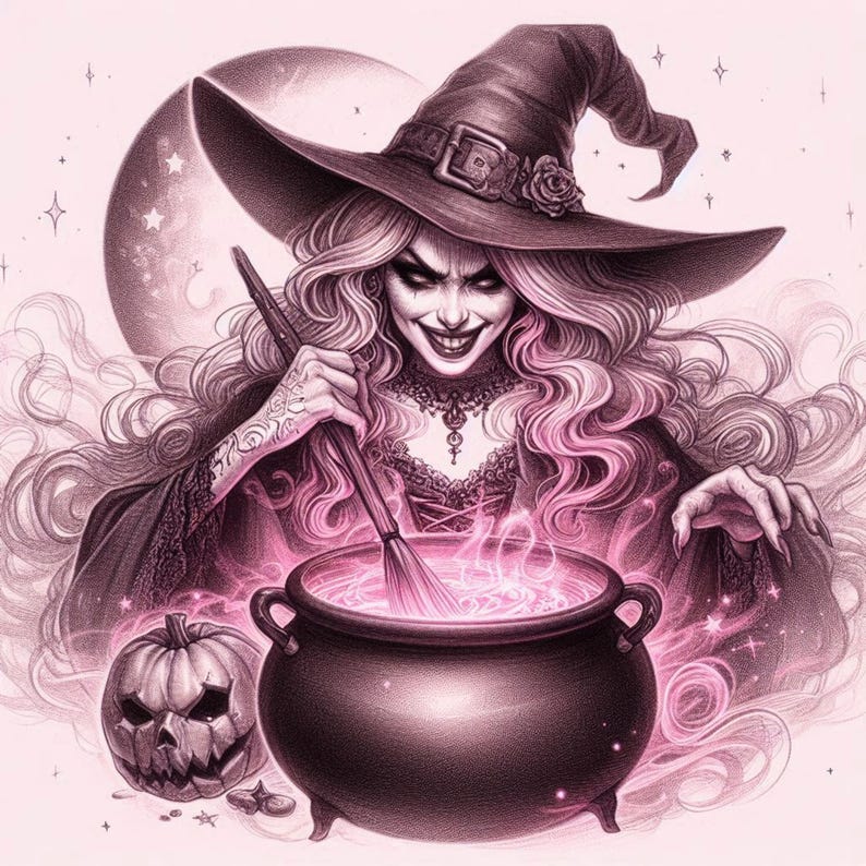 10 Halloween Pink Evil Witch Clipart, Halloween Pencil PNG, Pink ...