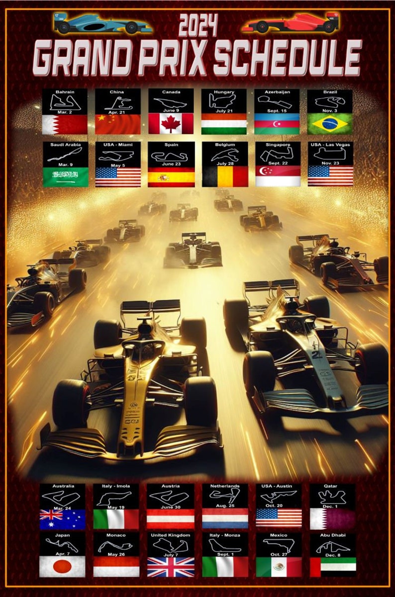 GRAND PRIX 2024 Schedule Formula 1 F-1 Race Fan Gift Man Cave Gift ...