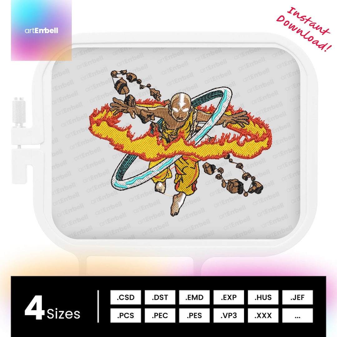 Avatar Aang Anime Embroidery Design for Machines, Inspired by Avatar ...
