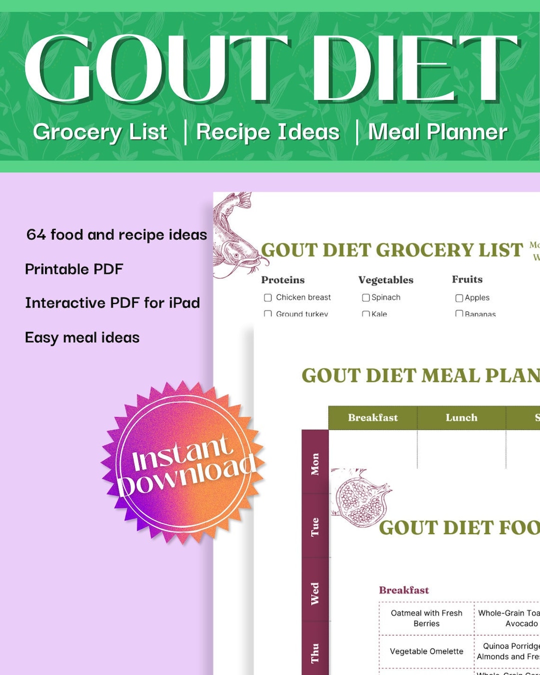 Gout Foods List | Gout Grocery List | Gout Meal Plan | Gout Food Planner | Gout Friendly Food ...