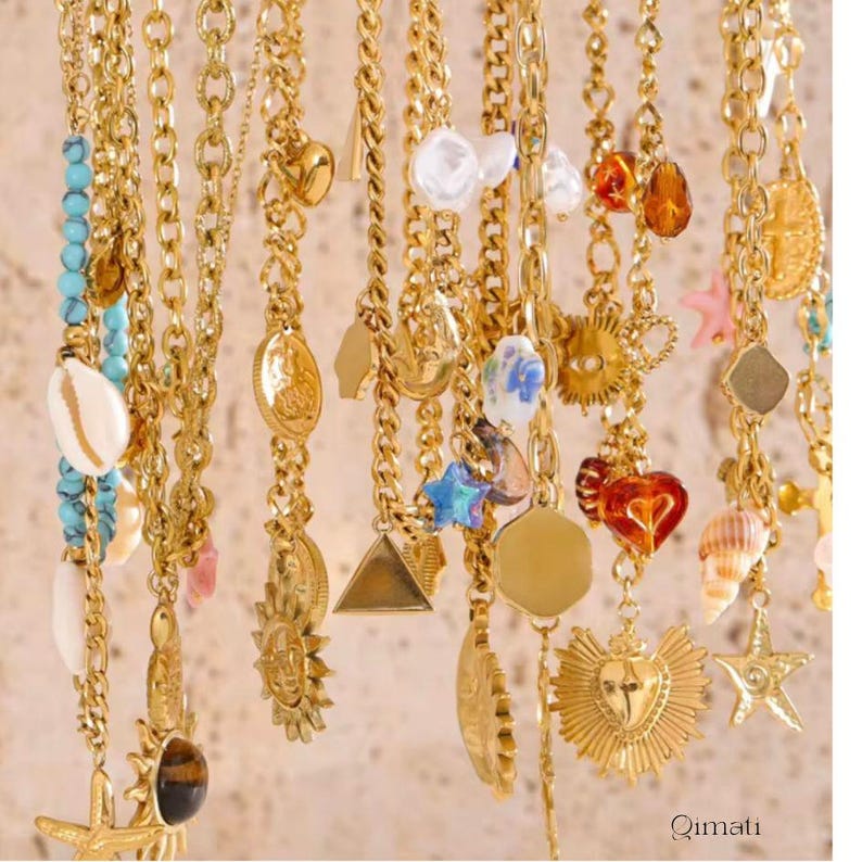 Modern Gold Tone Line Necklace With Mixed Charms and Star Gifts for Her ...