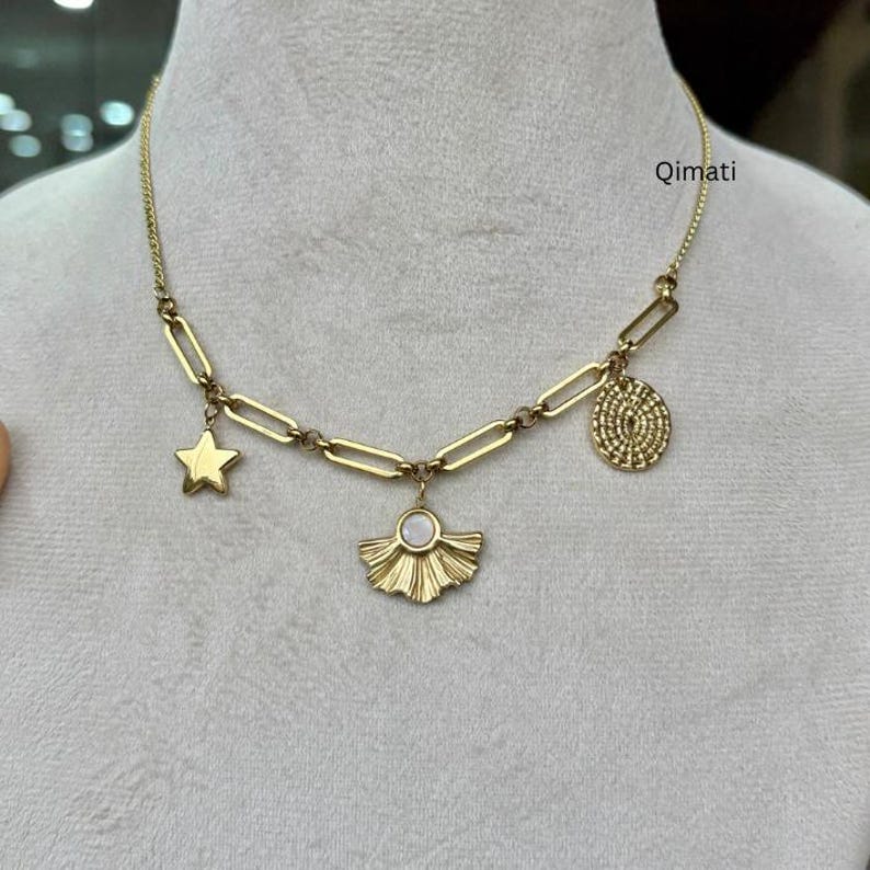 Modern Gold Tone Line Necklace With Mixed Charms and Star Gifts for Her ...