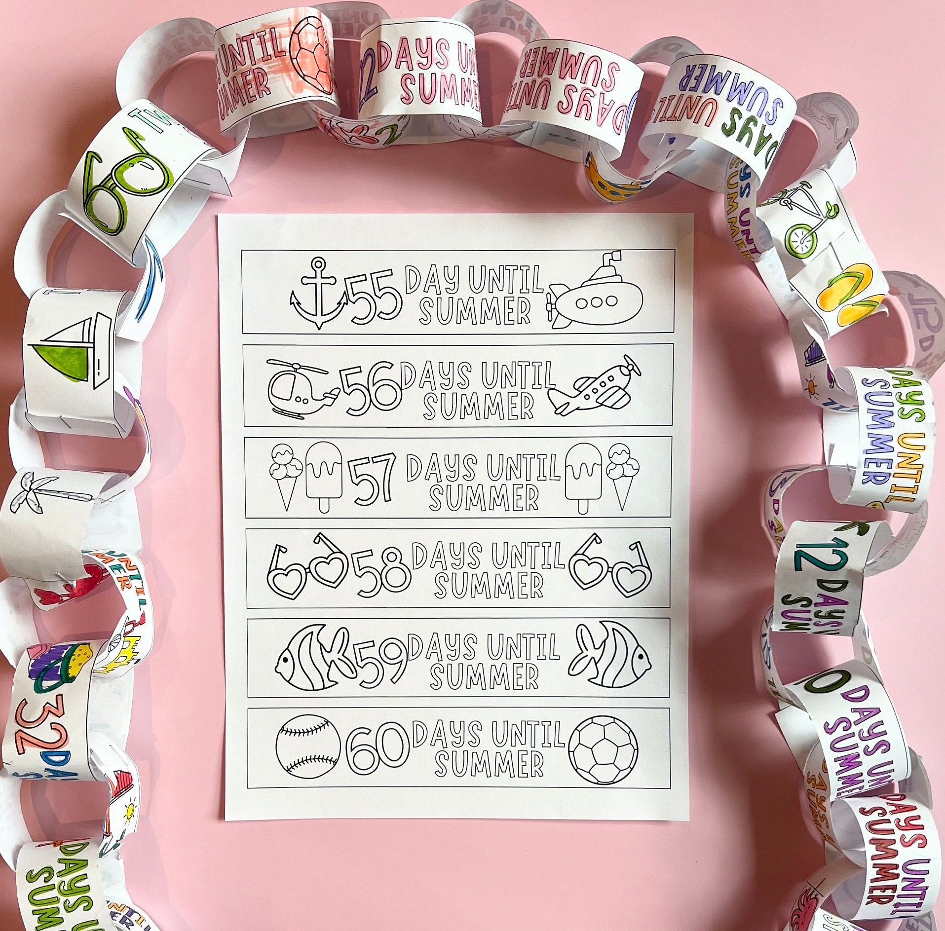 Summer Countdown Calendar Paper Chain Printable for Kids Color Your Own ...
