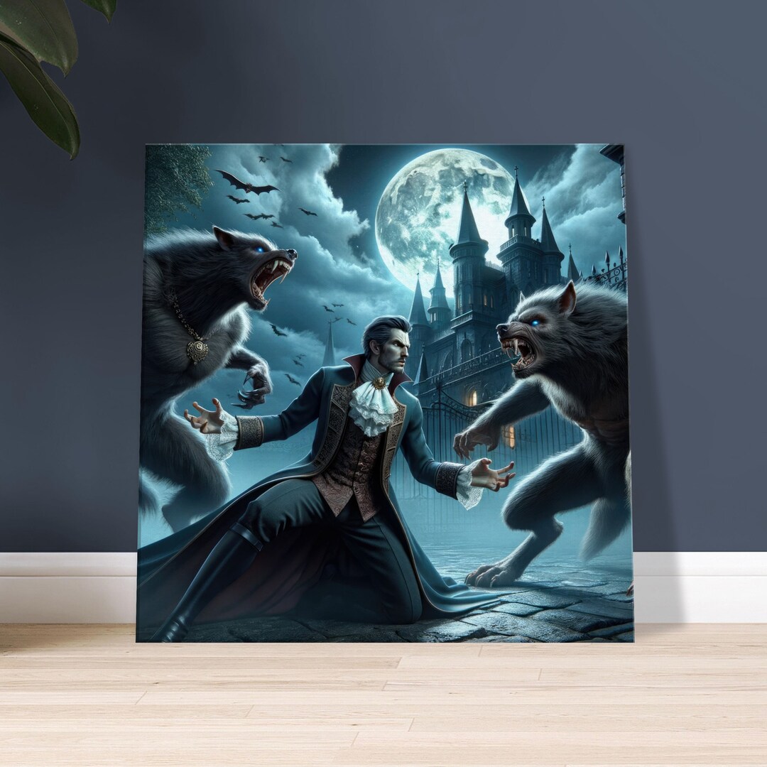 Two Werewolves Ambushing a Vampire Under a Full Moon. Canvas/poster ...