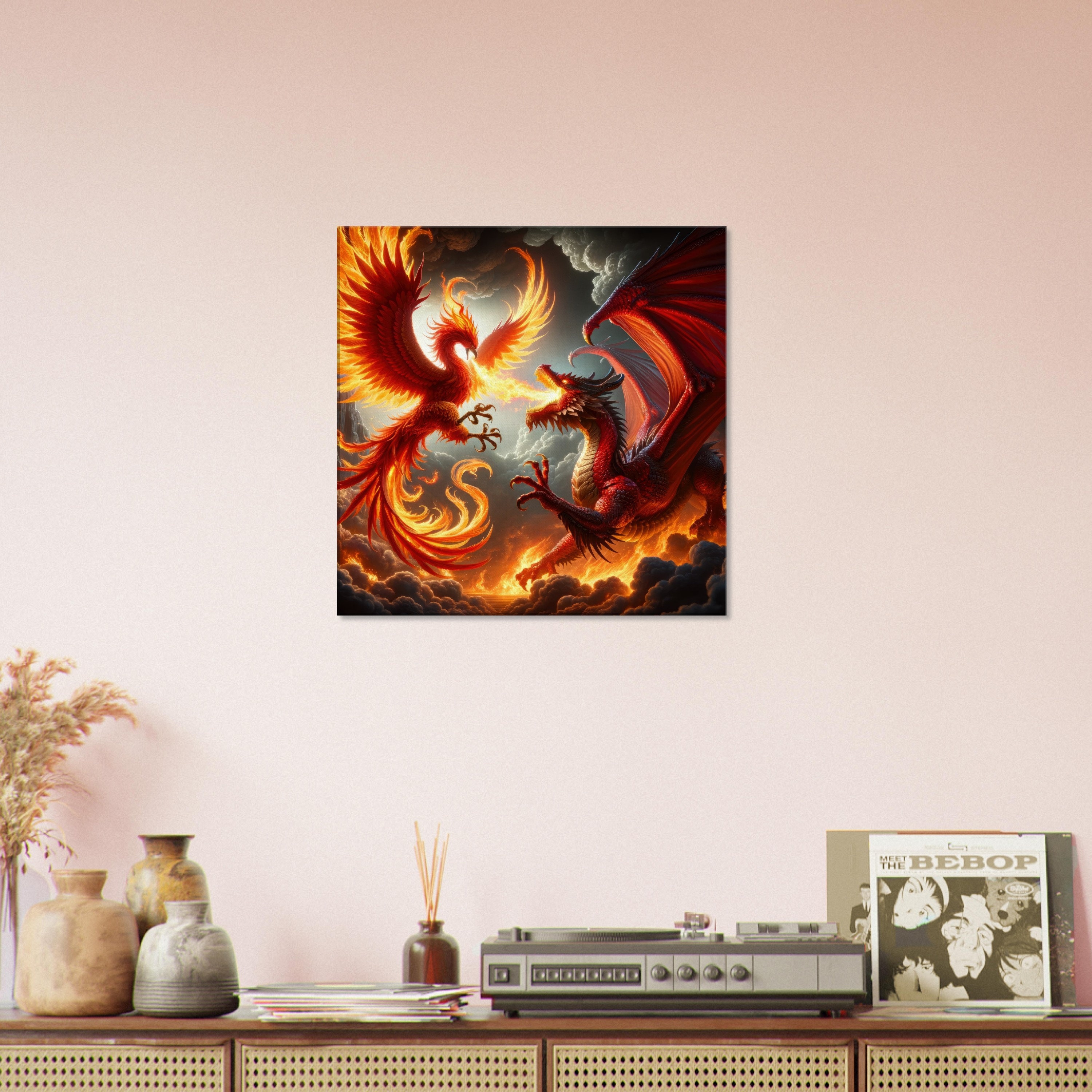 Canvas Print Epic Phoenix Vs Dragon Battle Art Fantasy Fire Clash Scene ...