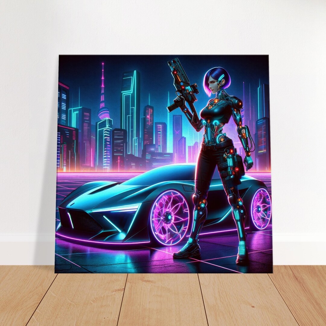 Cyberpunk Styled Netrunner Girl Next to Her Neon Car Canvas - Etsy